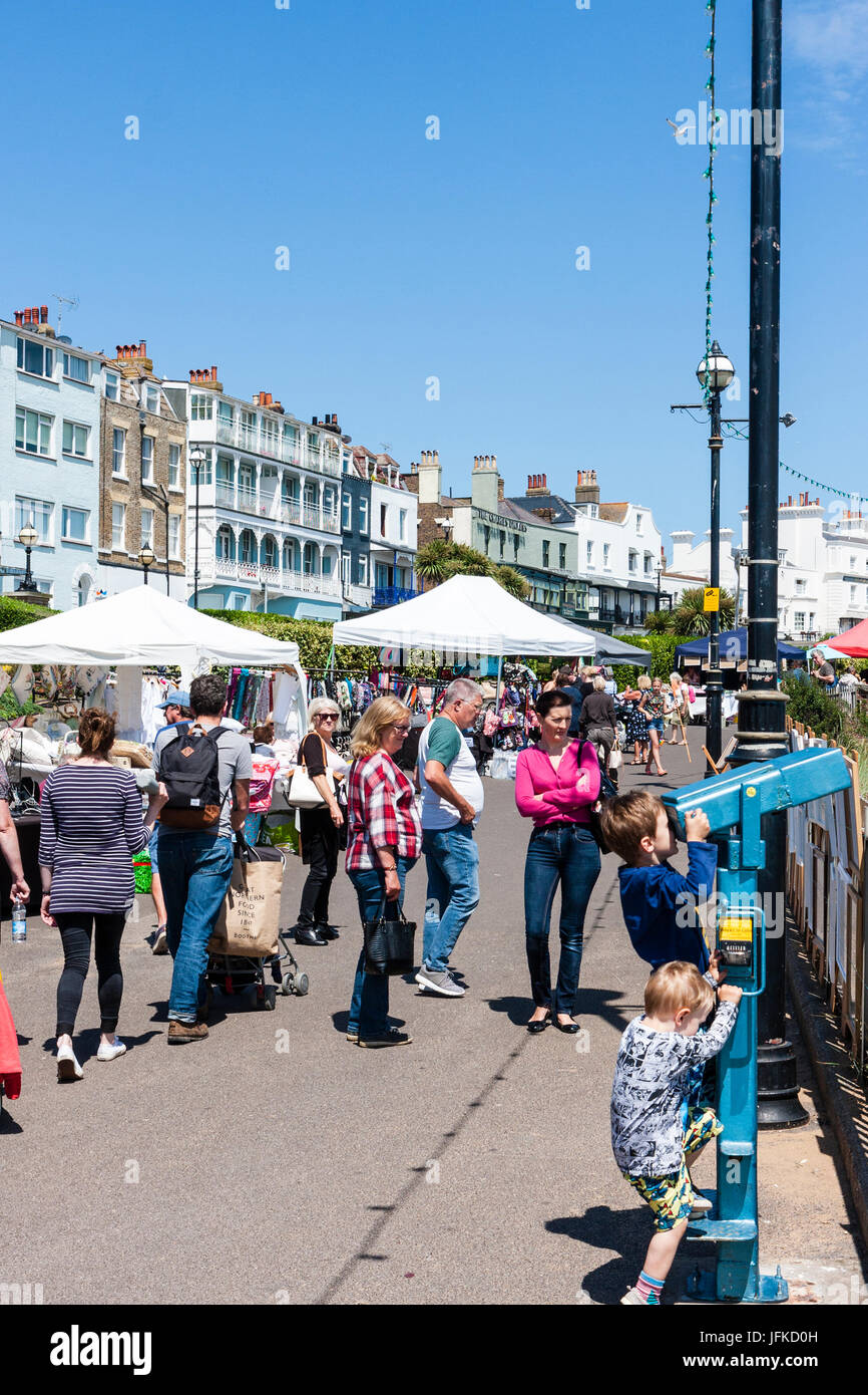 Broadstairs seafront promenade with market stall set up as part of a ...