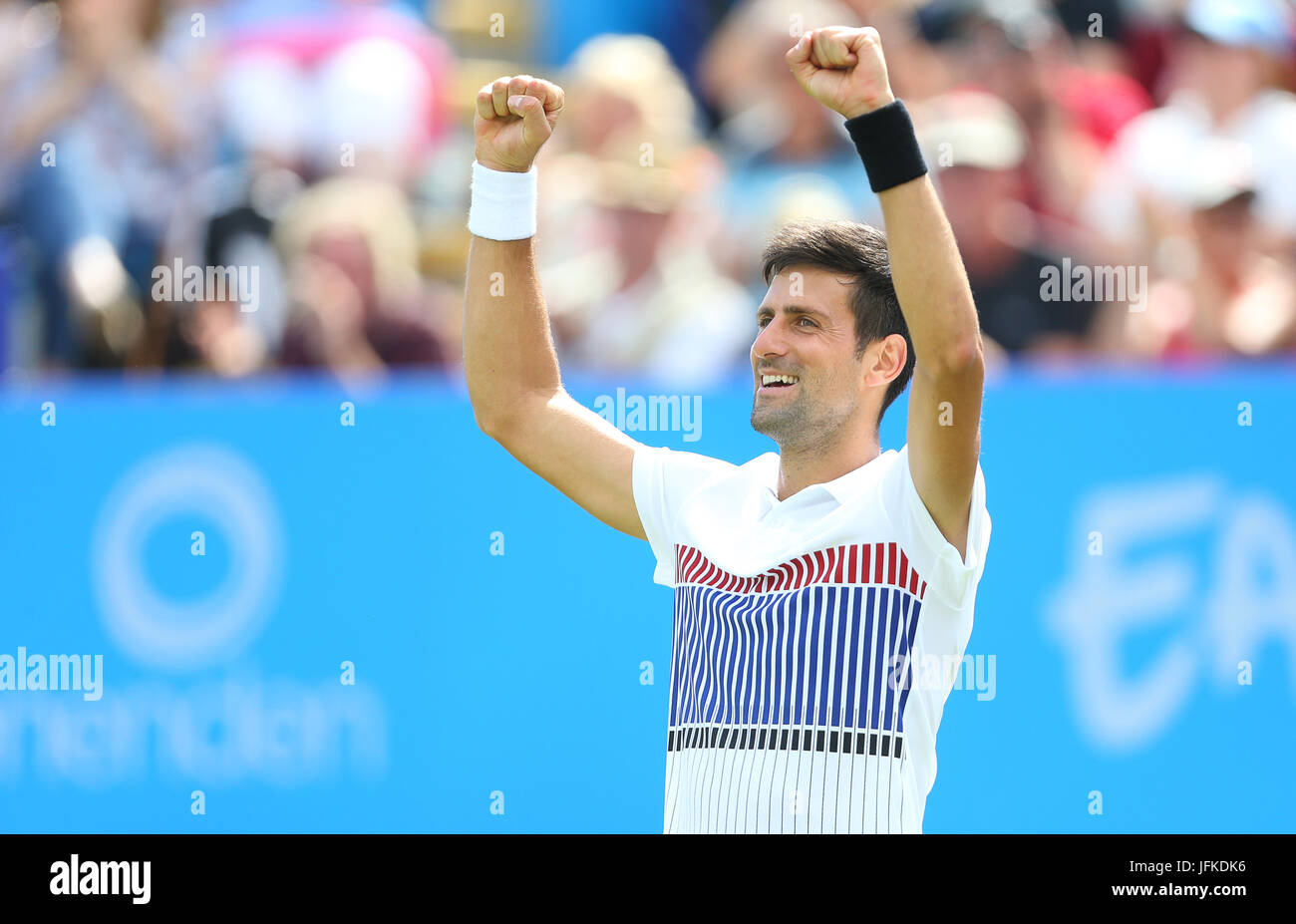 Eastbourne, UK 01st July, 2017 Novak Djokovic of Serbia celebrates ...