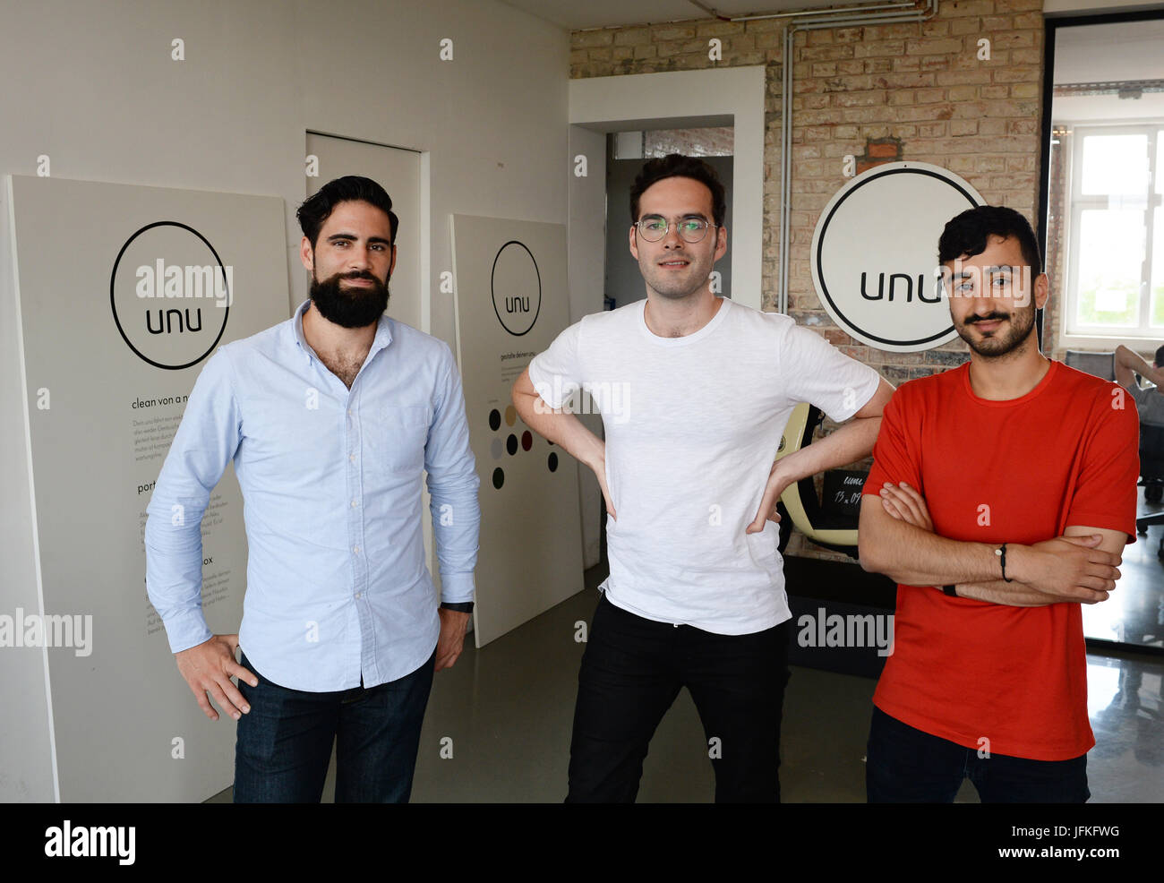 Berlin, Germany. 26th June, 2017. The founders of the mobility start up "Unu", Mathieu Caudal (L ...