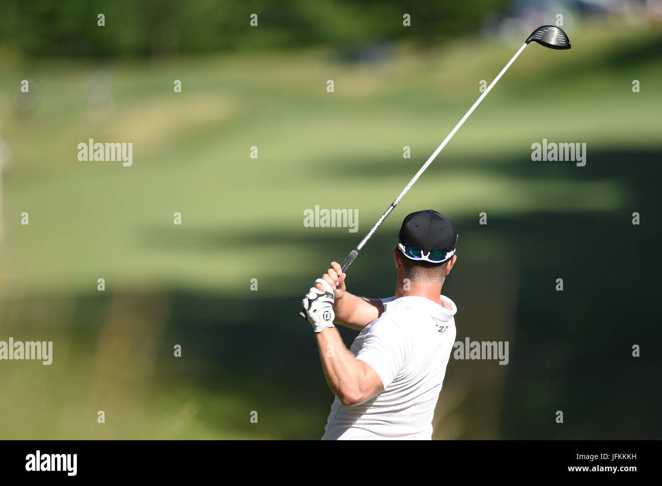 Potomac, USA. 01st July, 2017. David Lingmerth (SWE) hits his tee shot ...