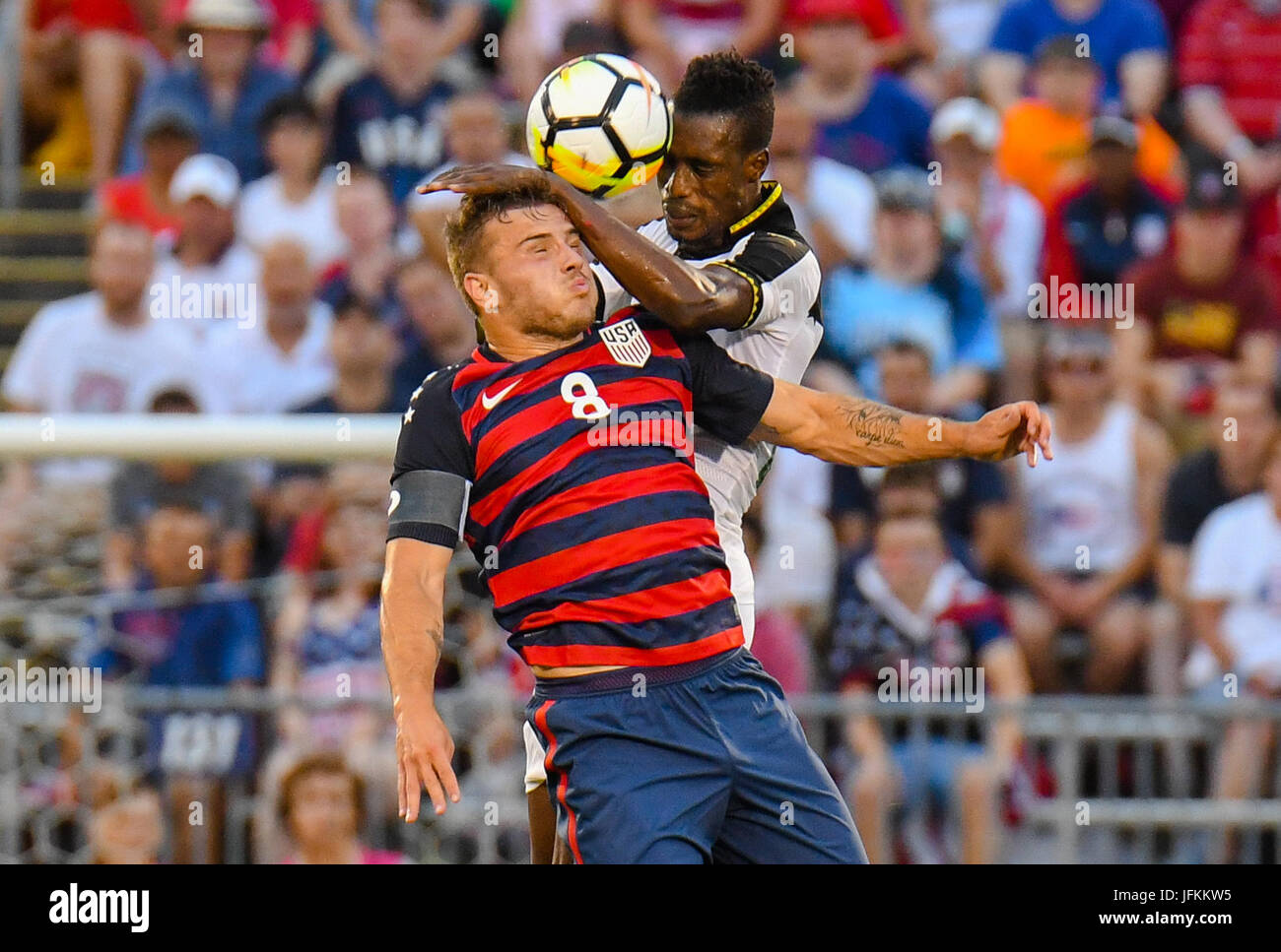 Saturday July 1, 2017: Jordan Morris (8) of the USMNT goes up for a ...