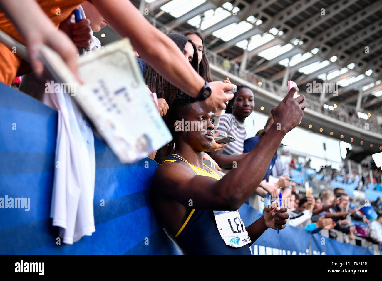 Paris. 1st July, 2017. Ronald Levy of Jamaica takes a selfie with ...
