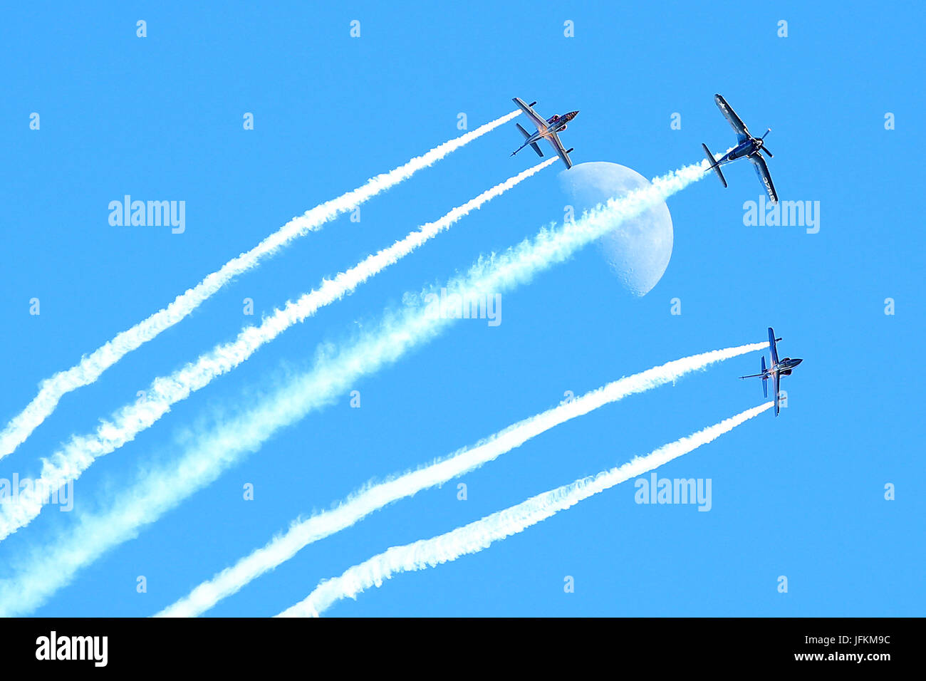 Budapest, Hungary. 1st July, 2017. Three Red Bull pilots fly their ...