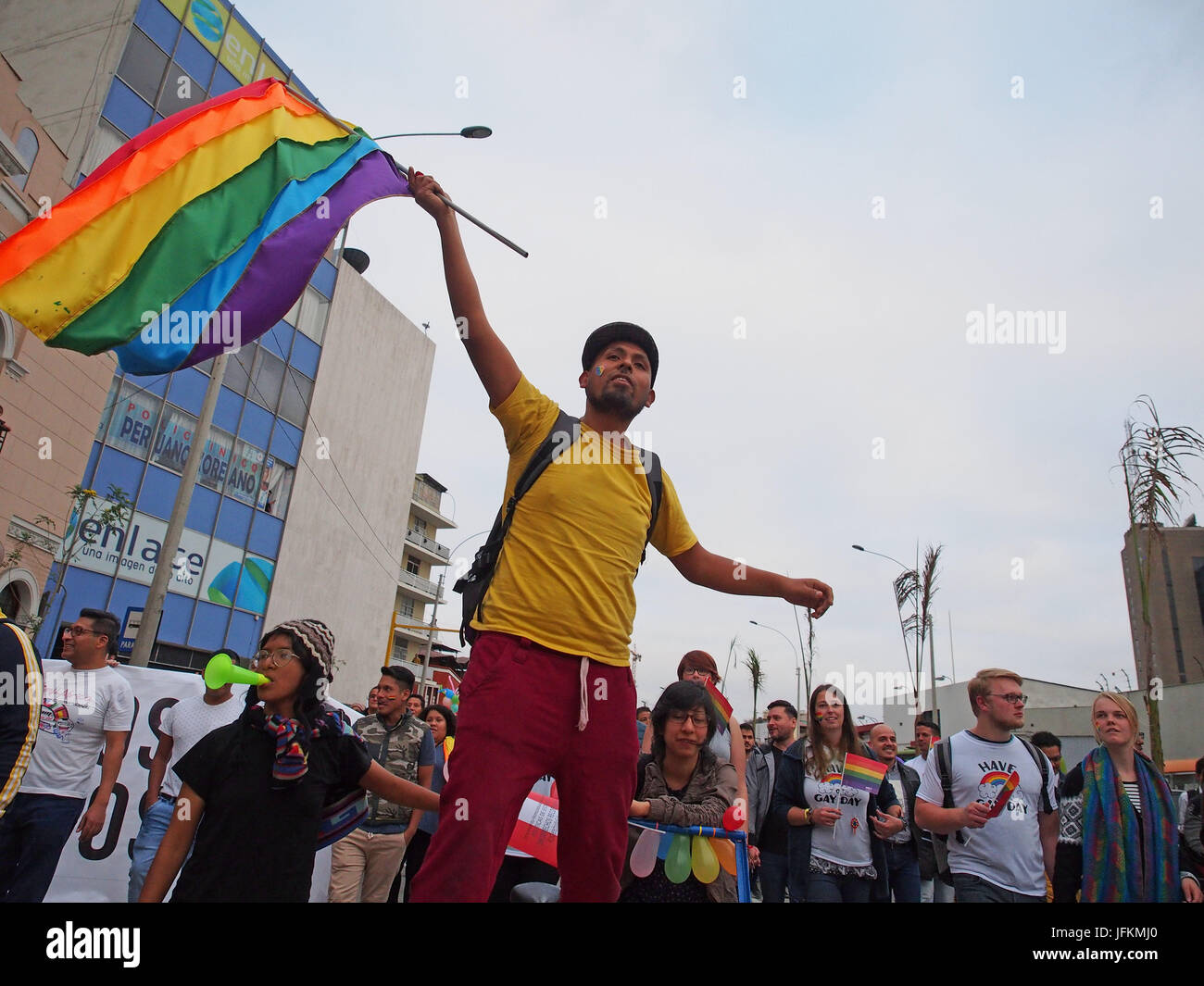 Lima, Peru. 01st July, 2017. Man waving a gay flag. Thousands of ...
