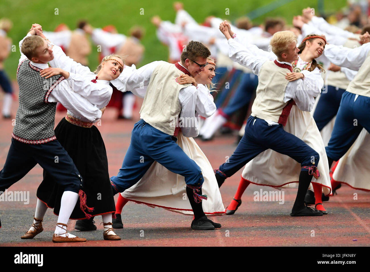 Tallinn, Estonia. 1st July, 2017. Youth dancers in traditional folk ...