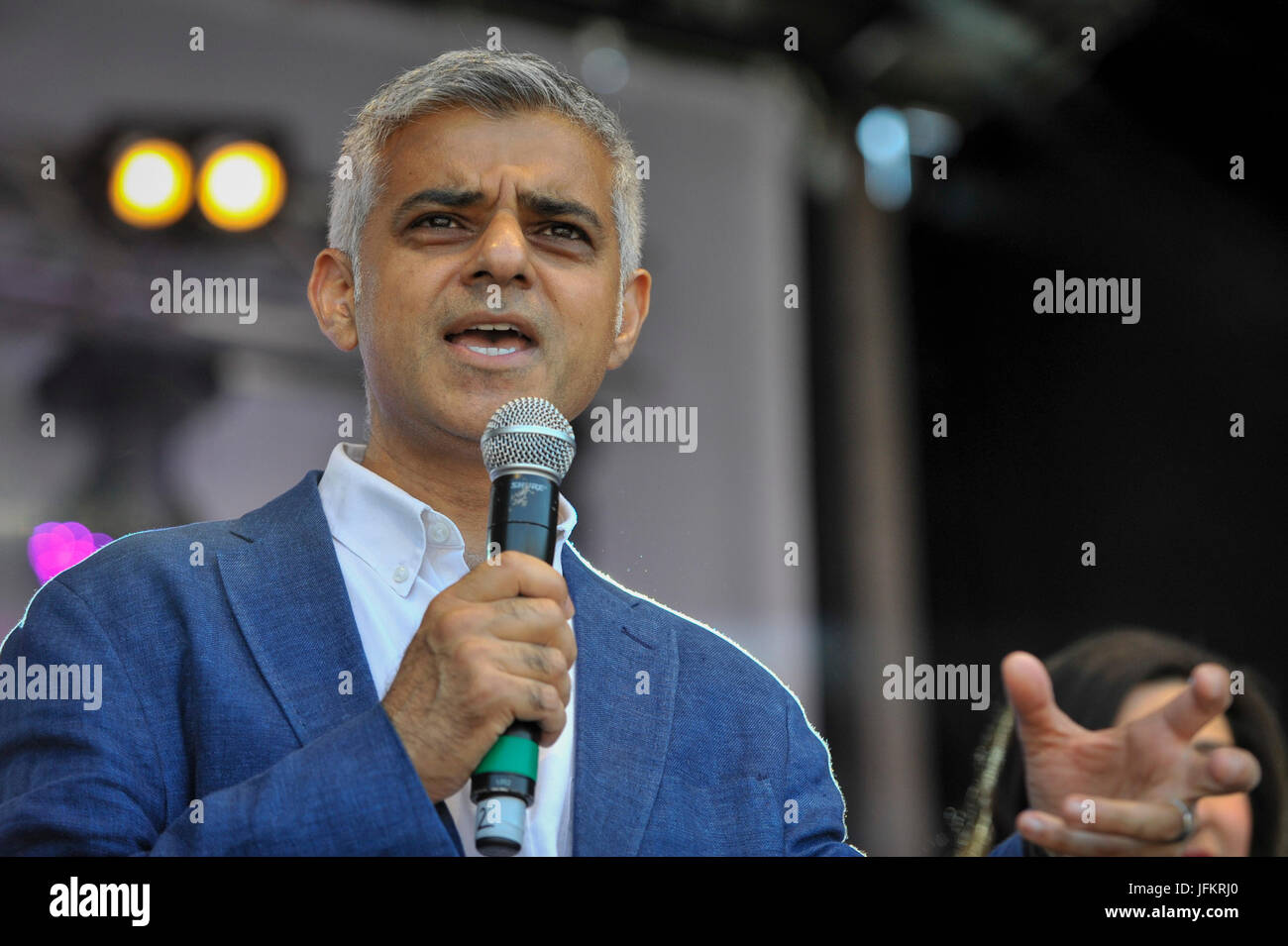London, UK. 2 July 2017. Sadiq Khan gives a welcome speech. People ...