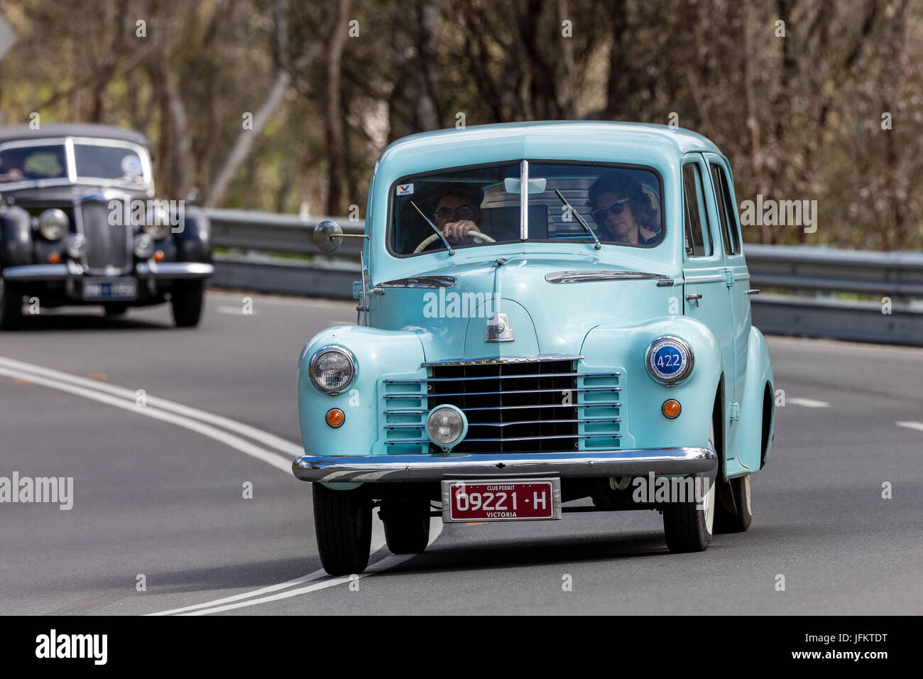 Vintage 1949 Vauxhall Wyvern Sedan driving on country roads near the ...