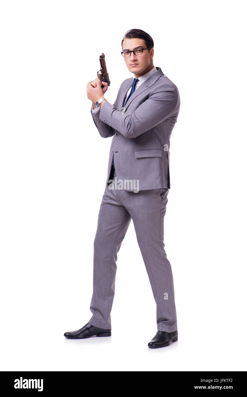 Aggressive business manager with handgun isolated on white Stock Photo ...