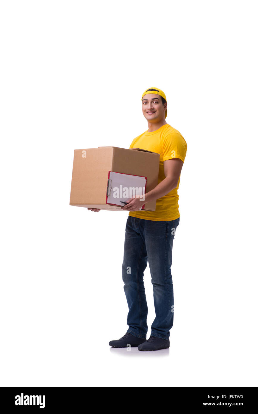 Funny delivery boy with box isolated on white Stock Photo - Alamy