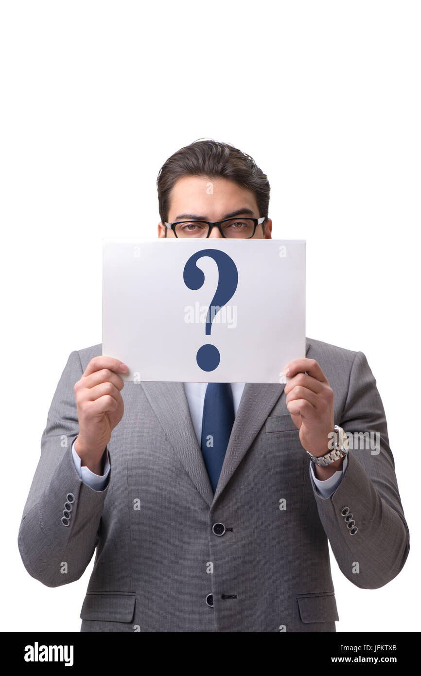 Businessman with question marks isolated on white Stock Photo - Alamy