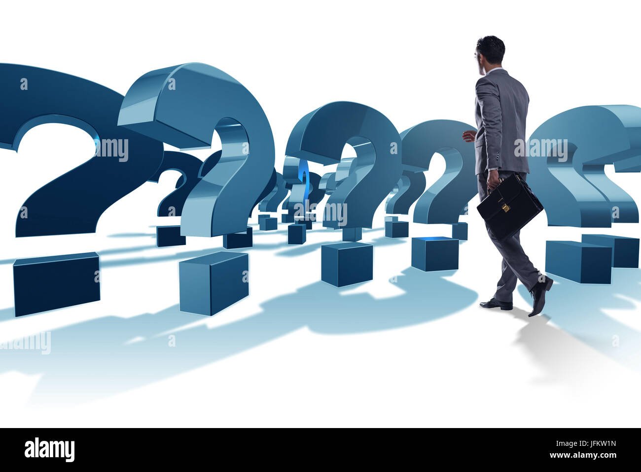 Businessman with question marks isolated on white Stock Photo - Alamy