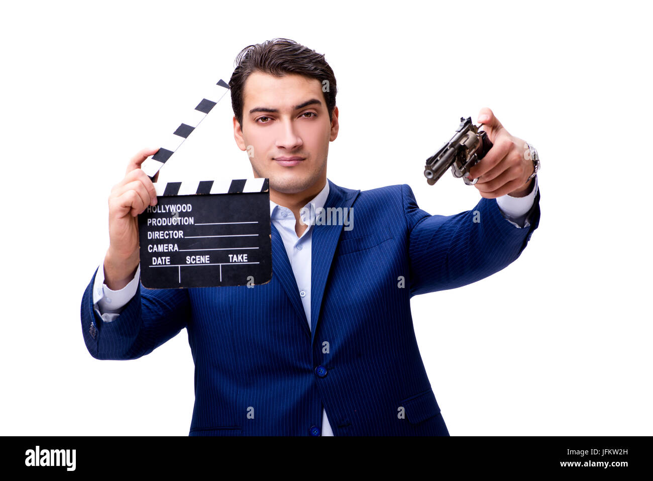 Handsome man with movie clapper isolated on white Stock Photo - Alamy