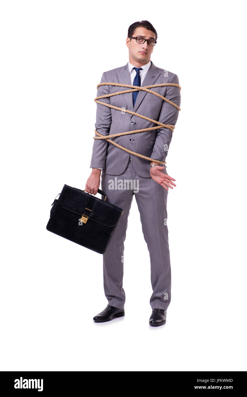 Businessman tied up with rope isolated on white Stock Photo - Alamy