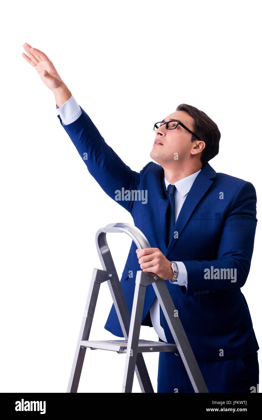 Businessman at top of ladder isolated on white background Stock Photo ...