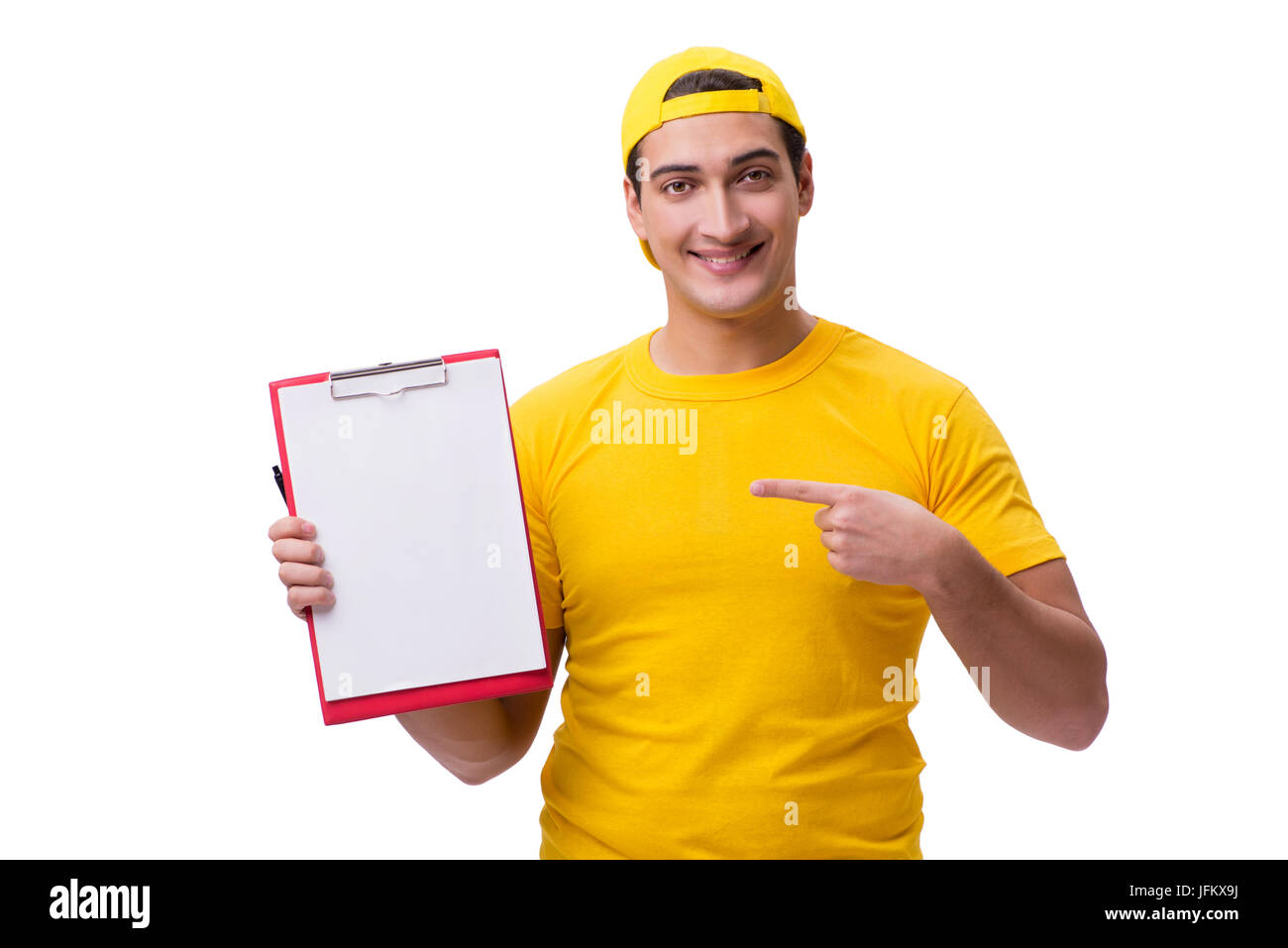 Delivery guy isolated on the white background Stock Photo - Alamy