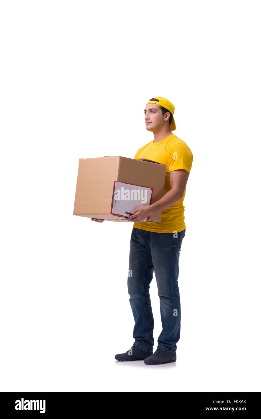 Funny delivery boy with box isolated on white Stock Photo - Alamy