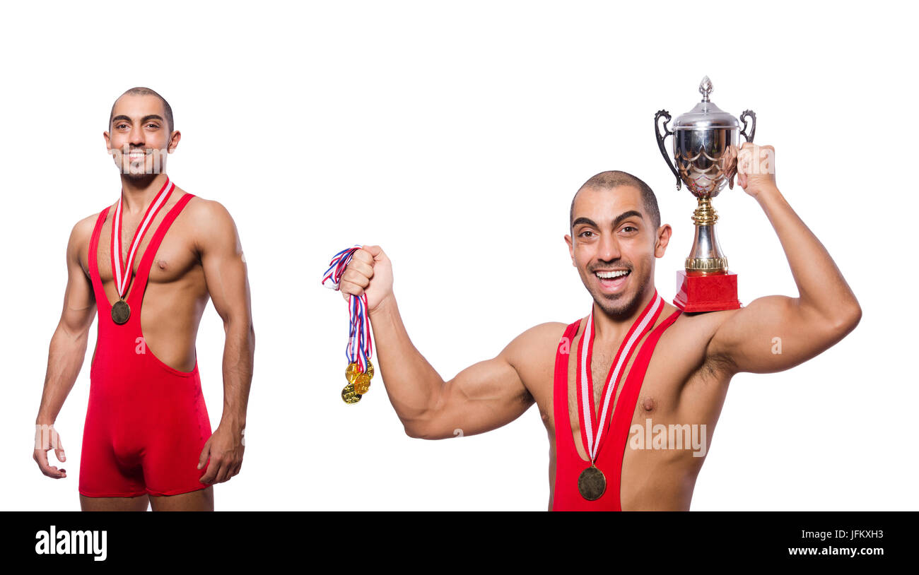 Wrestler in red dress isolated on the white background Stock Photo - Alamy