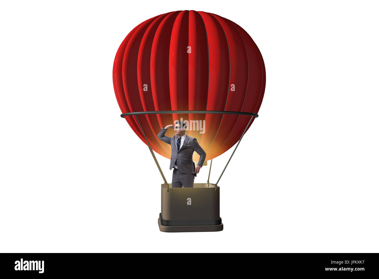 Businessman flying on balloon isolated on white Stock Photo - Alamy