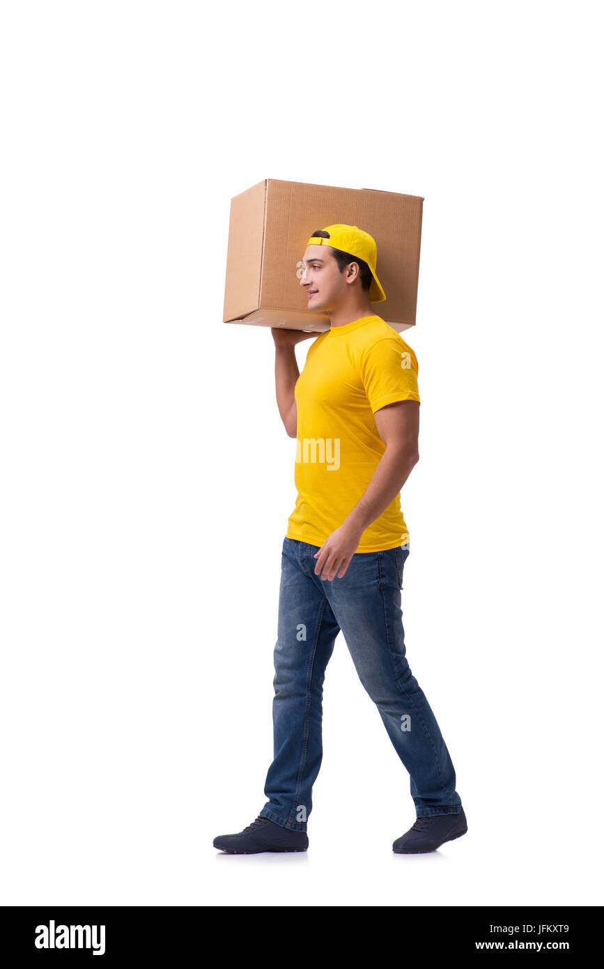 Funny delivery boy with box isolated on white Stock Photo - Alamy