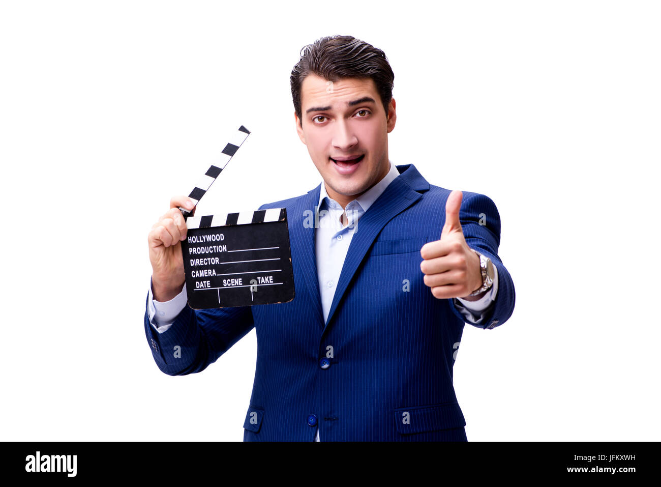 Handsome man with movie clapper isolated on white Stock Photo - Alamy