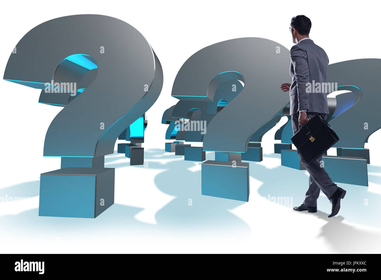 Businessman with question marks isolated on white Stock Photo - Alamy