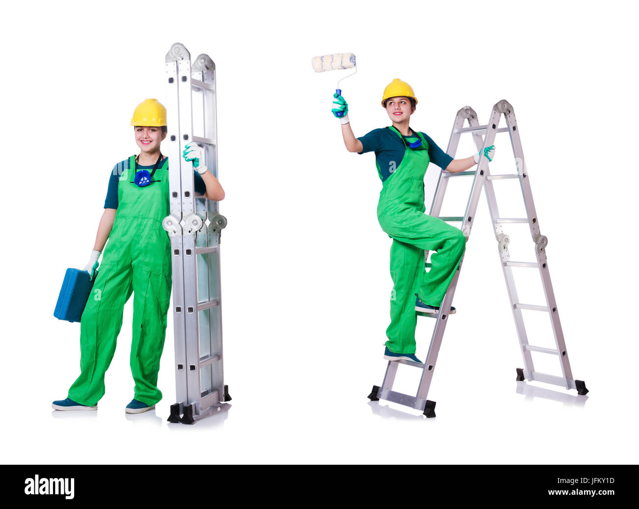 Female construction worker with toolkit and ladder Stock Photo - Alamy