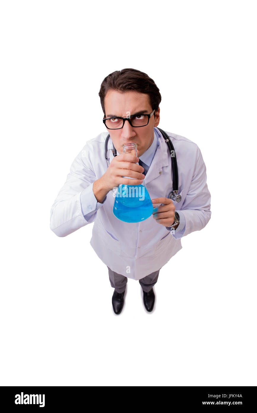 Funny doctor with blue liquid isolated on white Stock Photo - Alamy