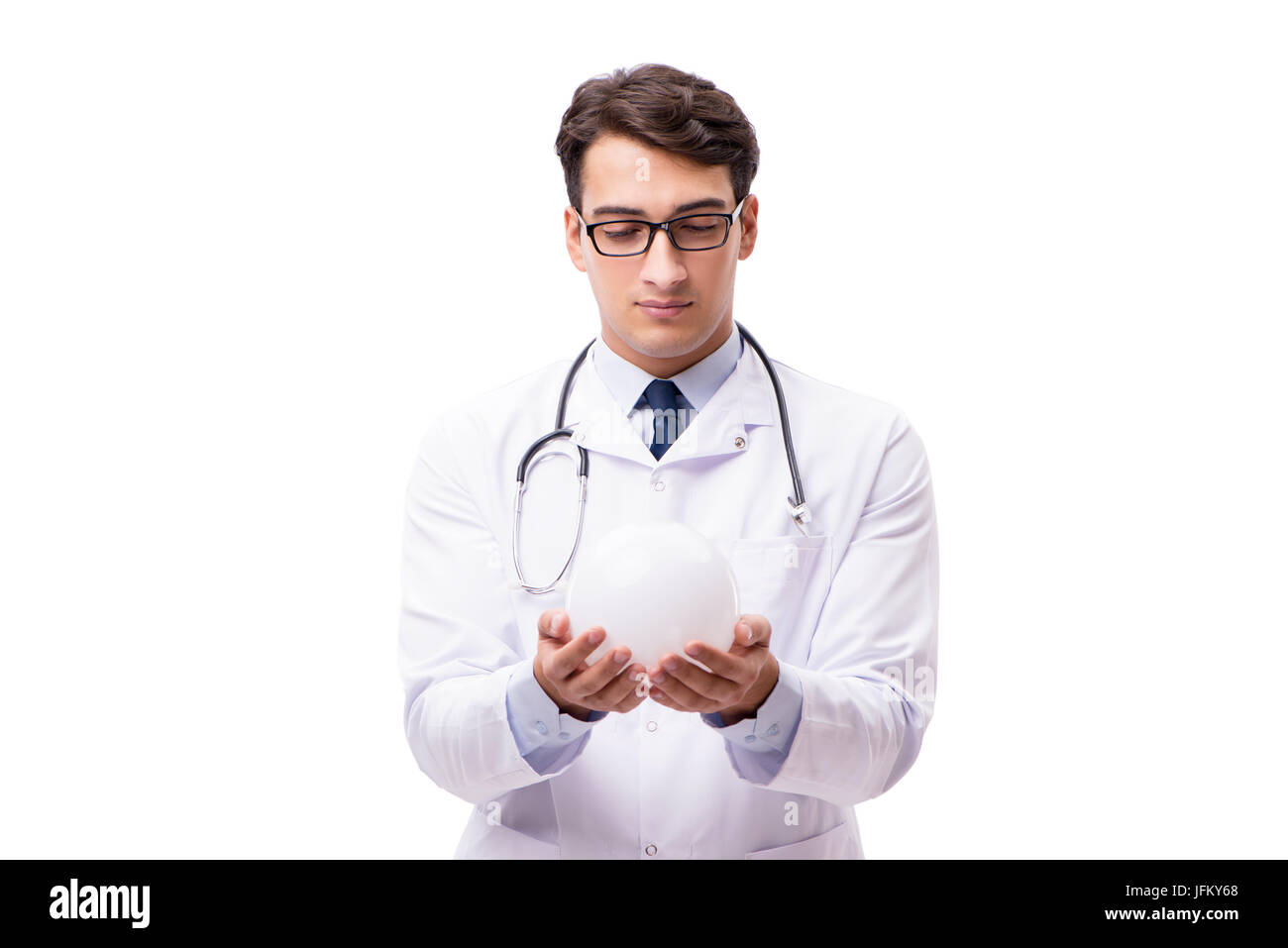 Doctor with crystal ball isolated on white background Stock Photo - Alamy