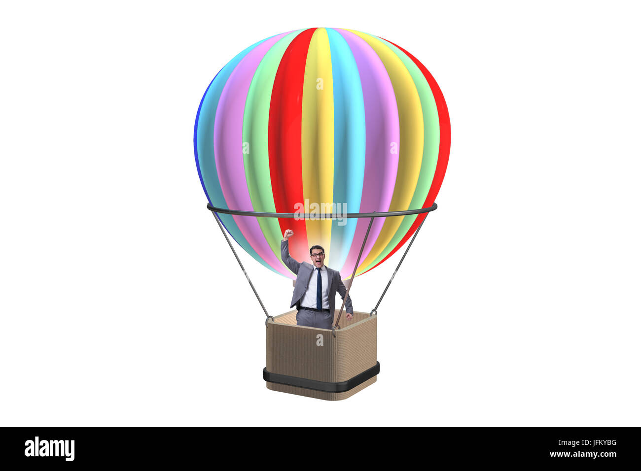 Businessman flying on balloon isolated on white Stock Photo - Alamy