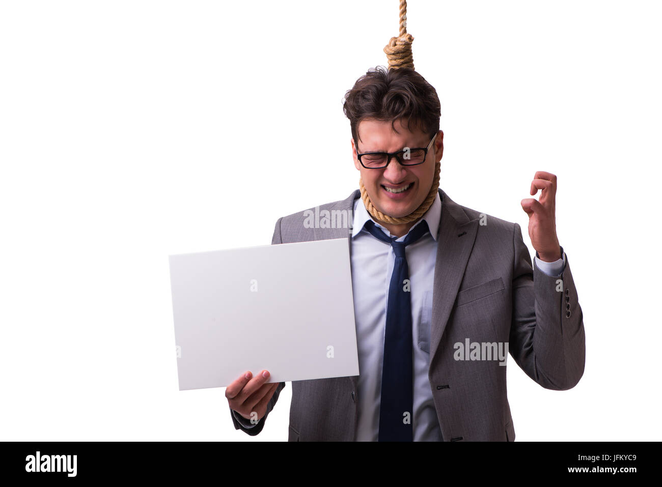 Bankrupt businessman hanging himself isolated on white Stock Photo - Alamy