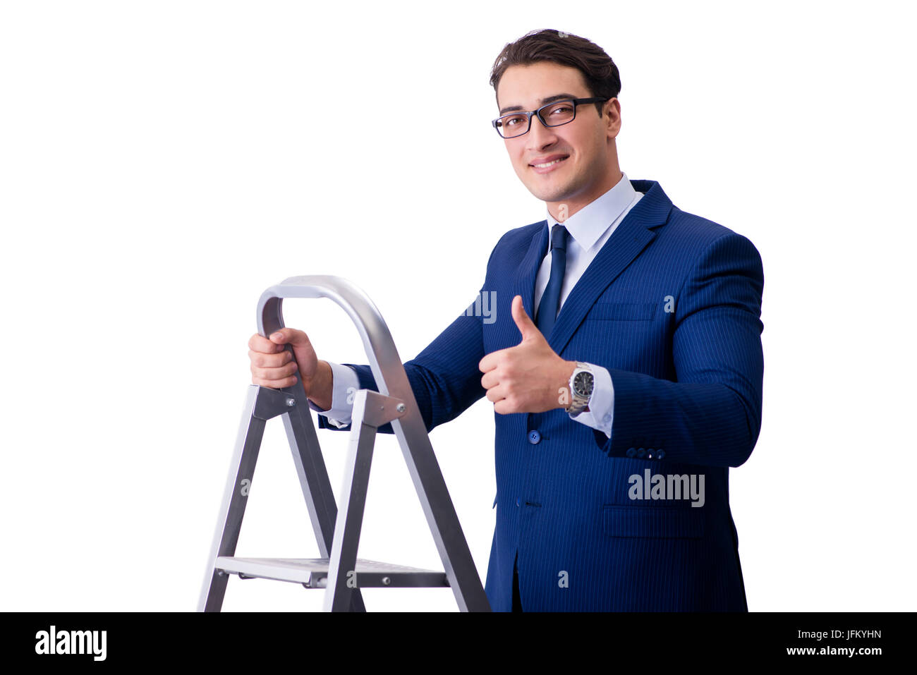 Businessman at top of ladder isolated on white background Stock Photo ...