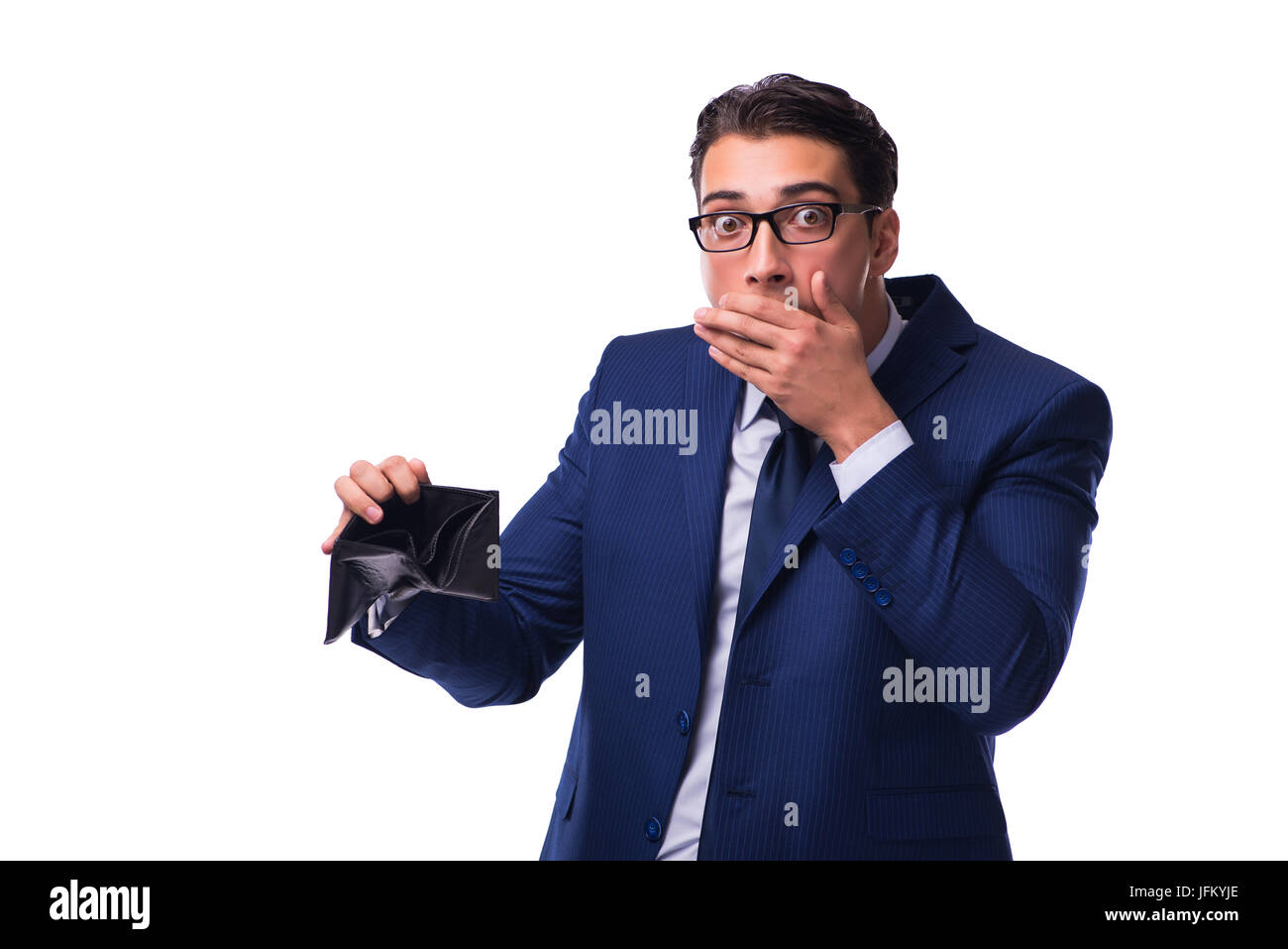Bankrupt broke businessman with empty wallet on white background Stock ...