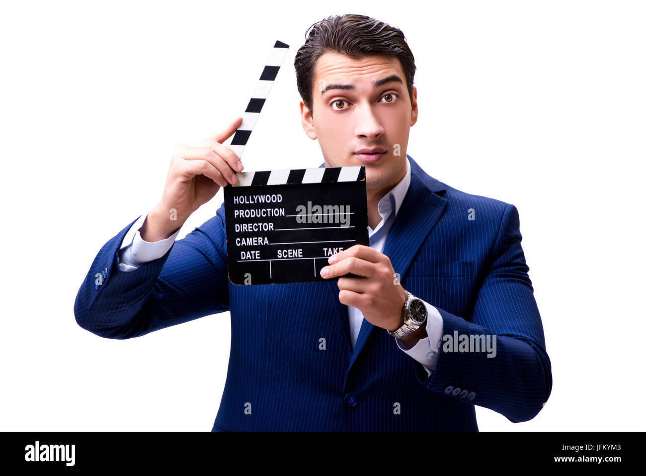 Handsome man with movie clapper isolated on white Stock Photo - Alamy