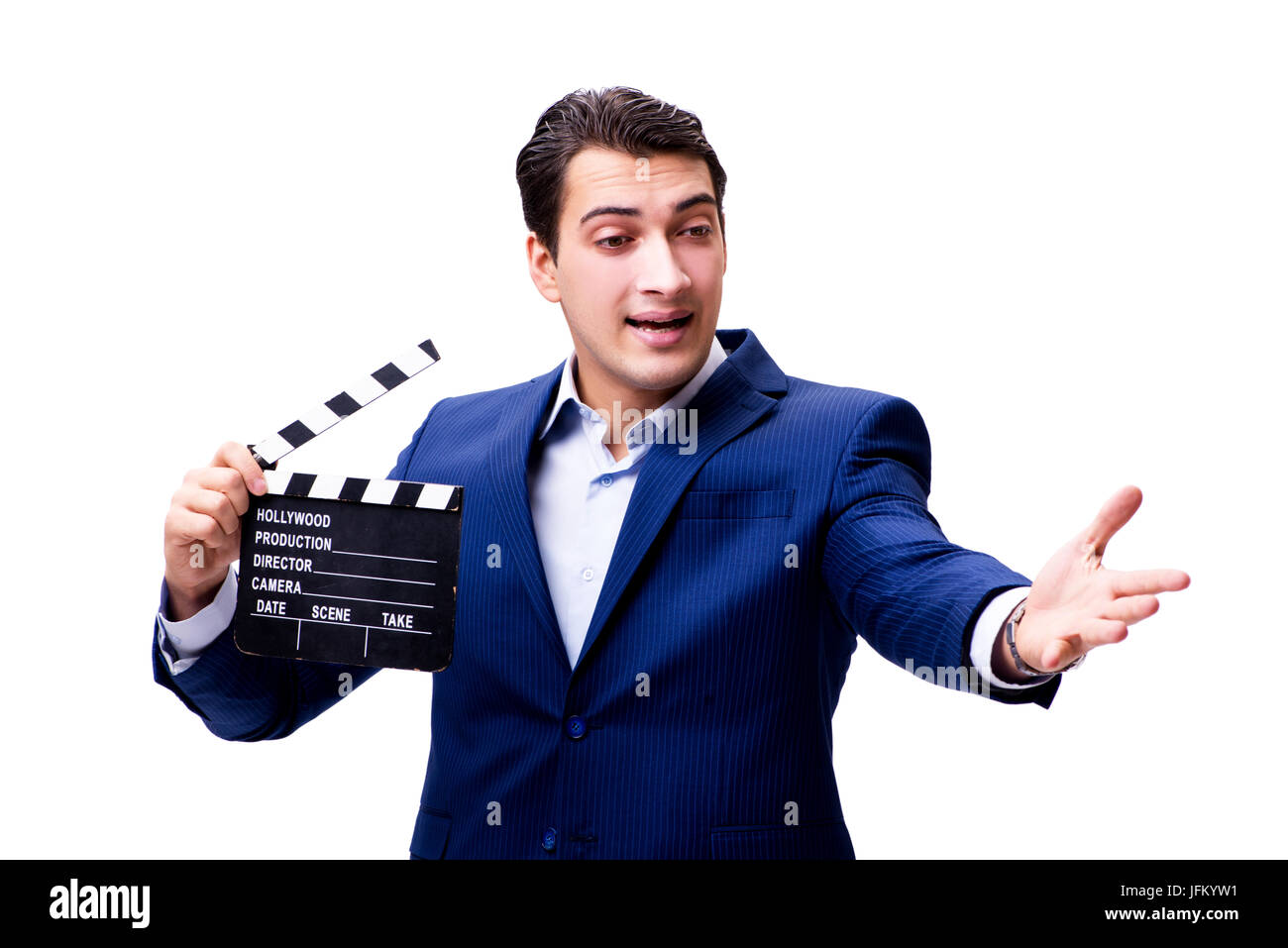 Handsome man with movie clapper isolated on white Stock Photo - Alamy