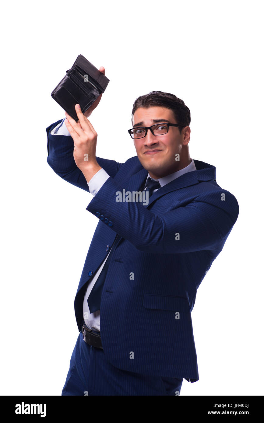 Bankrupt broke businessman with empty wallet on white background Stock ...