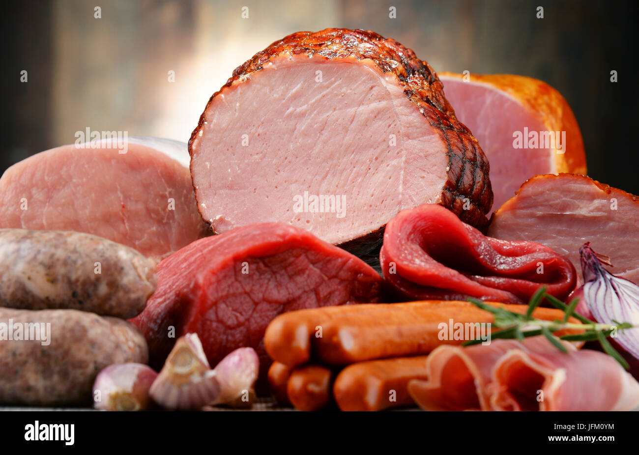 Assorted meat products including ham and sausages Stock Photo - Alamy