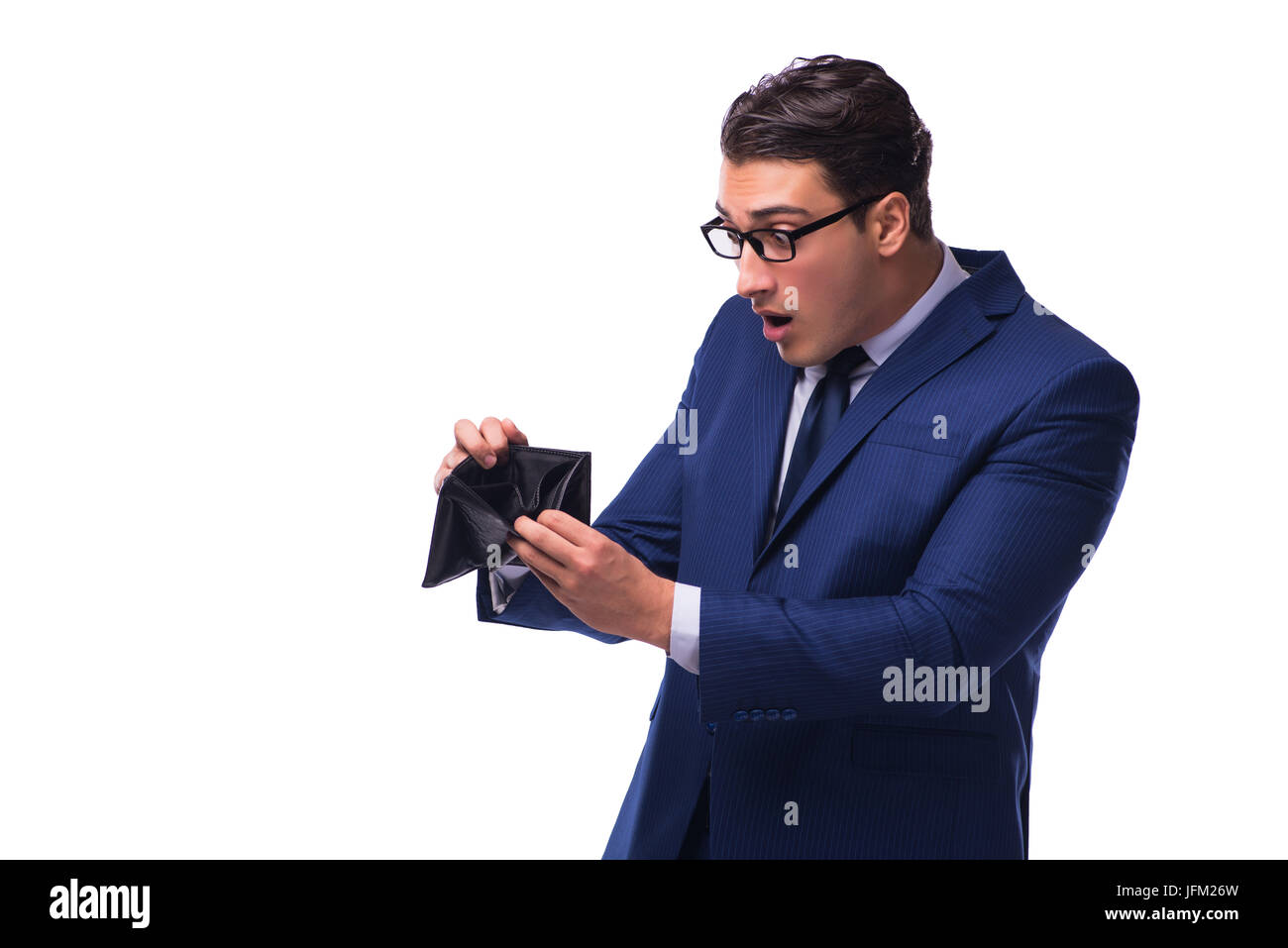 Bankrupt broke businessman with empty wallet on white background Stock ...