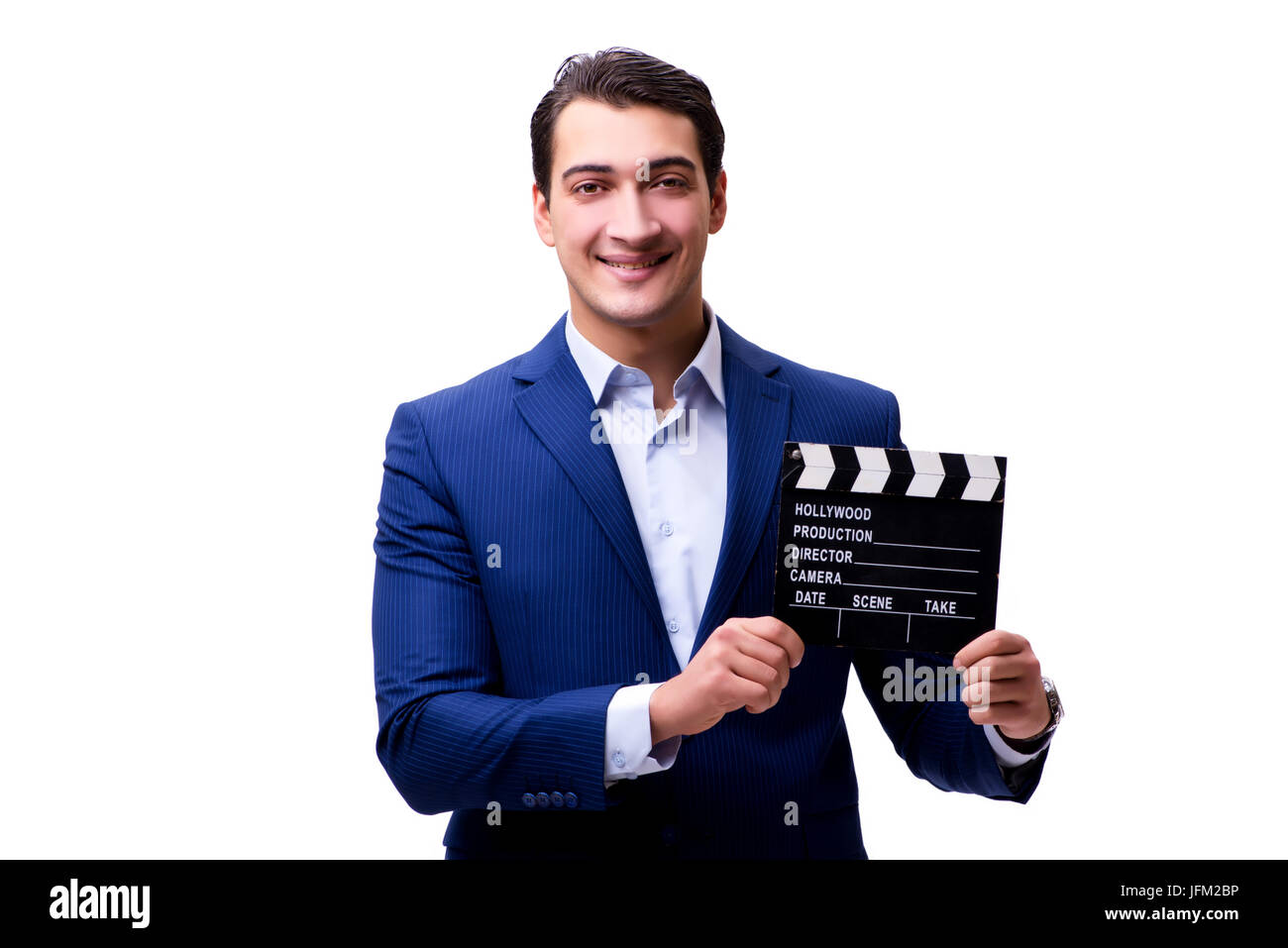 Handsome man with movie clapper isolated on white Stock Photo - Alamy