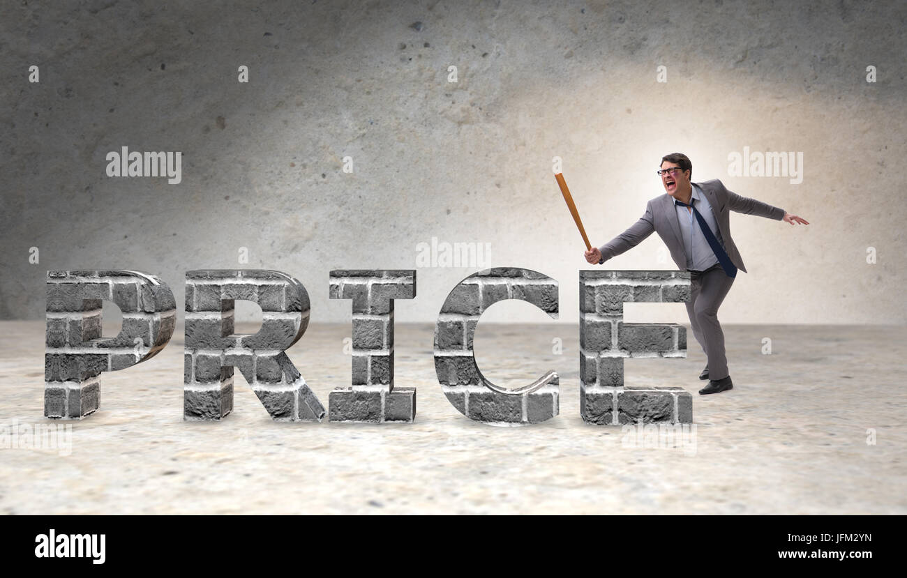 Angry man with baseball bat hitting price word Stock Photo - Alamy