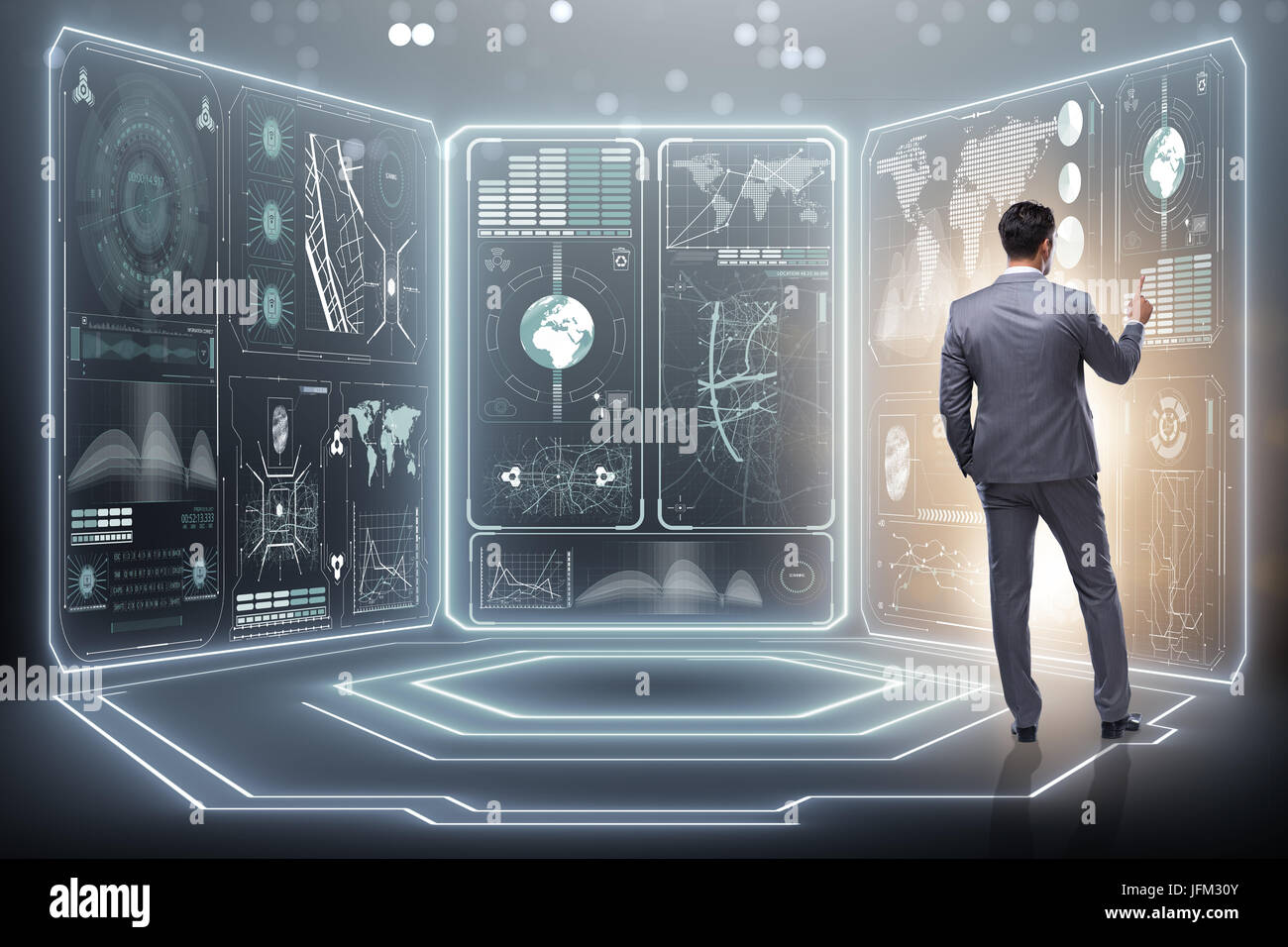 Man pressing virtual button in data mining concept Stock Photo - Alamy