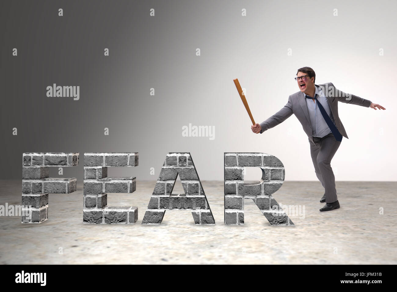 Angry man with baseball bat hitting fear word Stock Photo - Alamy