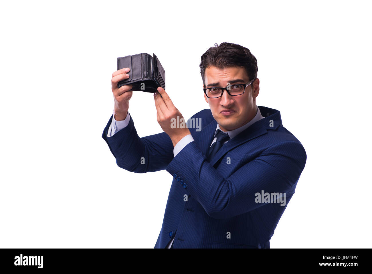 Bankrupt broke businessman with empty wallet on white background Stock ...