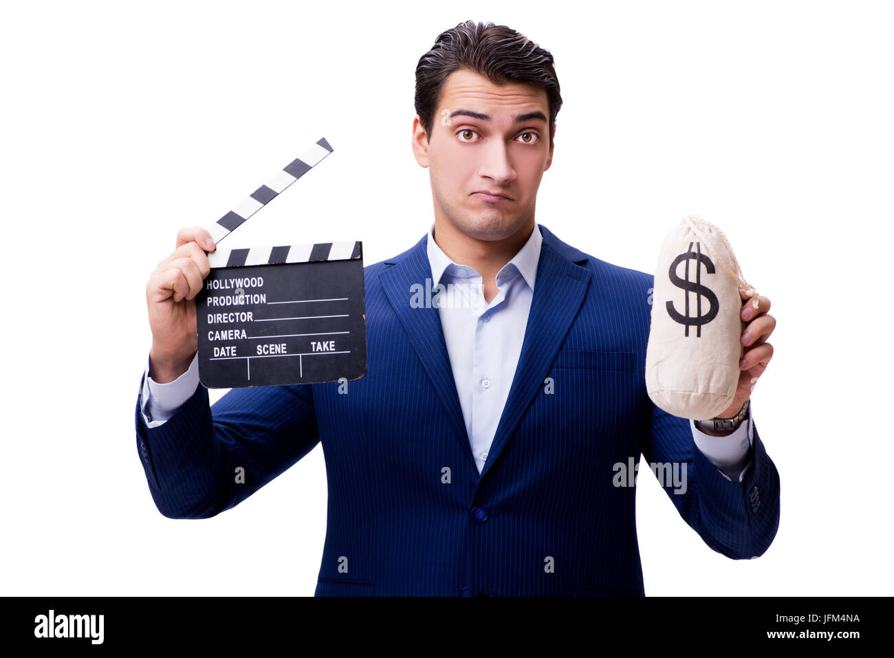 Handsome man with movie clapper isolated on white Stock Photo - Alamy