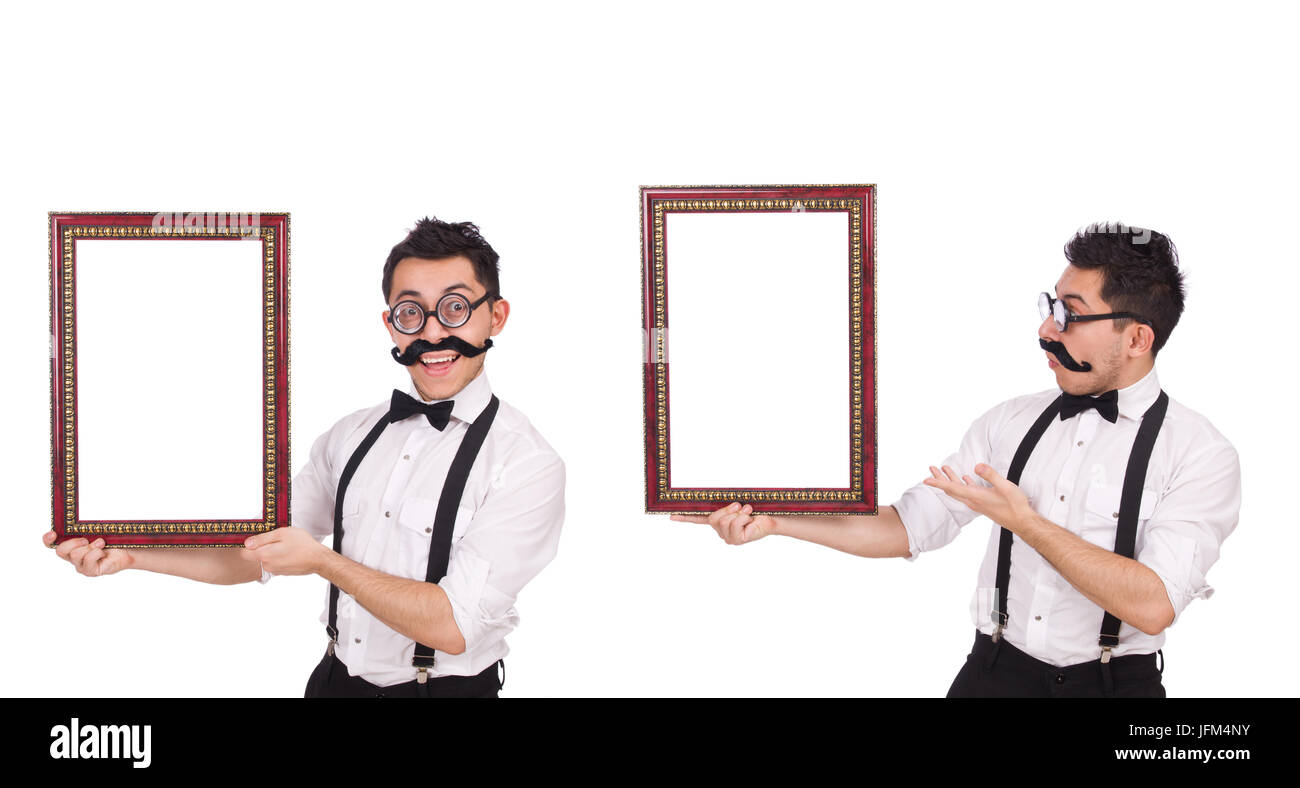 Young man with frame isolated on white Stock Photo - Alamy