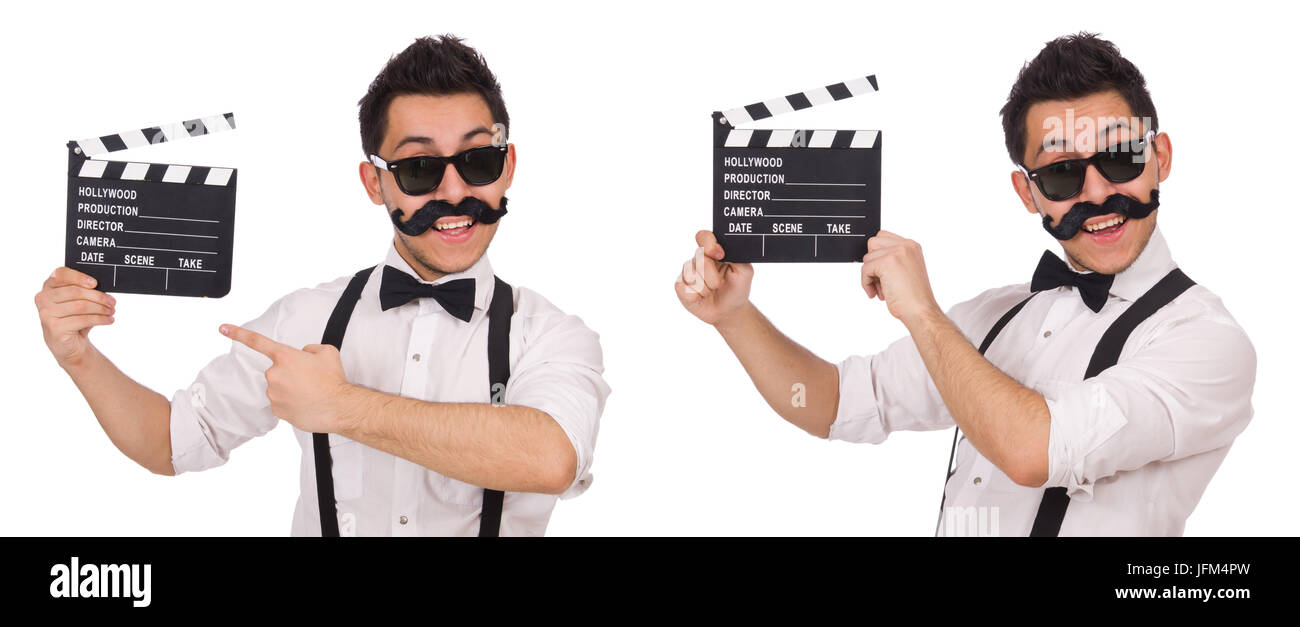 Funny with movie clapper isolated on white Stock Photo - Alamy