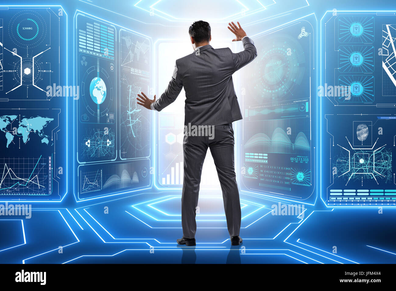 Man pressing virtual button in data mining concept Stock Photo - Alamy