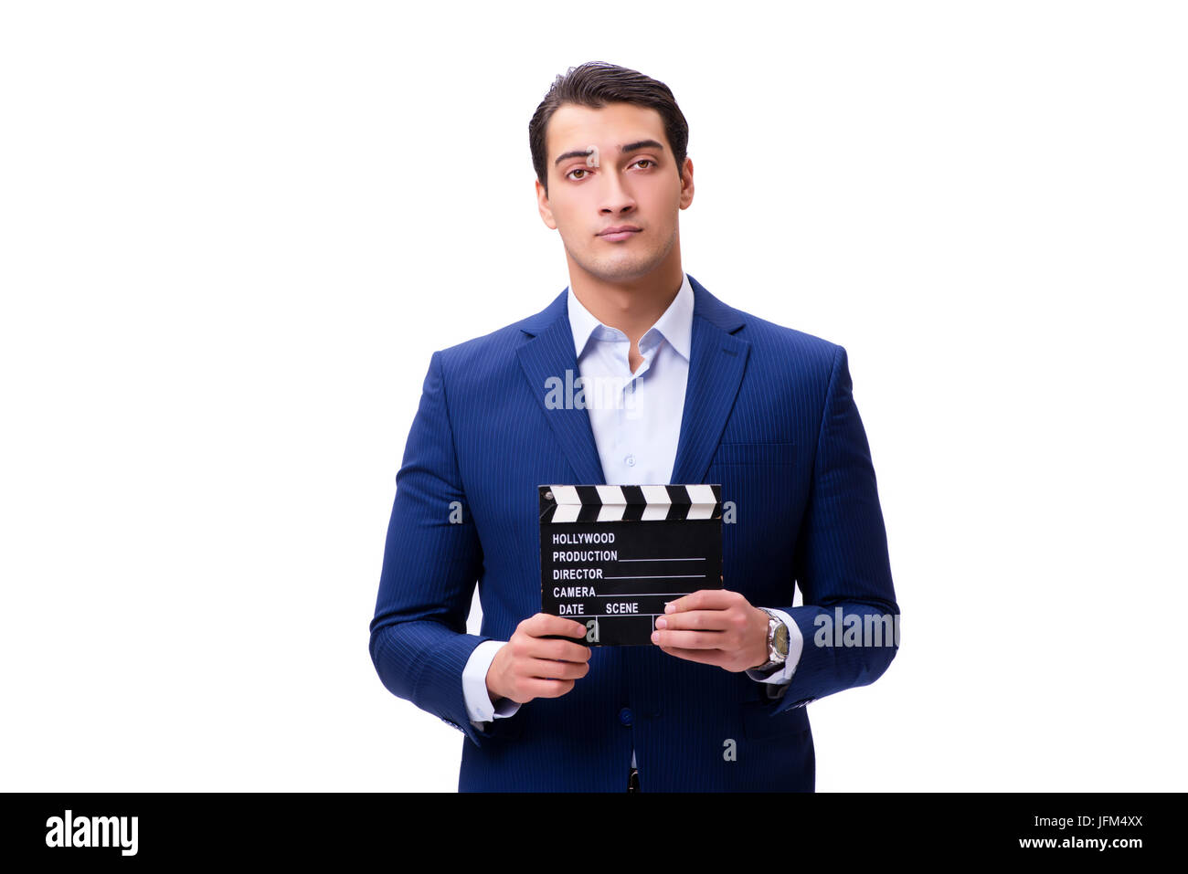 Handsome man with movie clapper isolated on white Stock Photo - Alamy