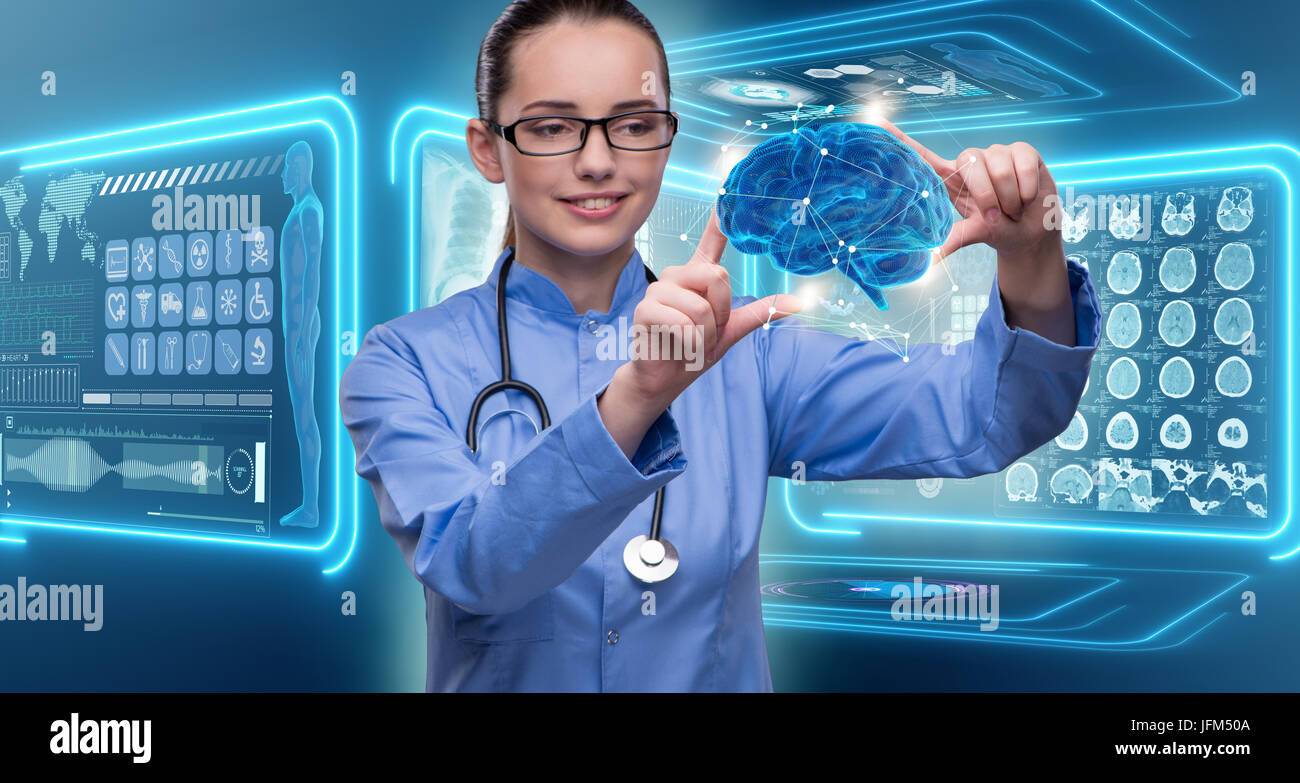 Female doctor with the brain in medical concept Stock Photo - Alamy