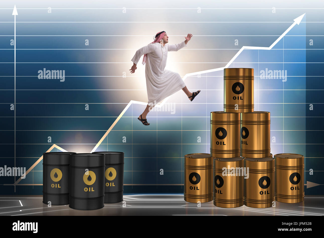 Arab businessman jumping from oil barrels Stock Photo - Alamy