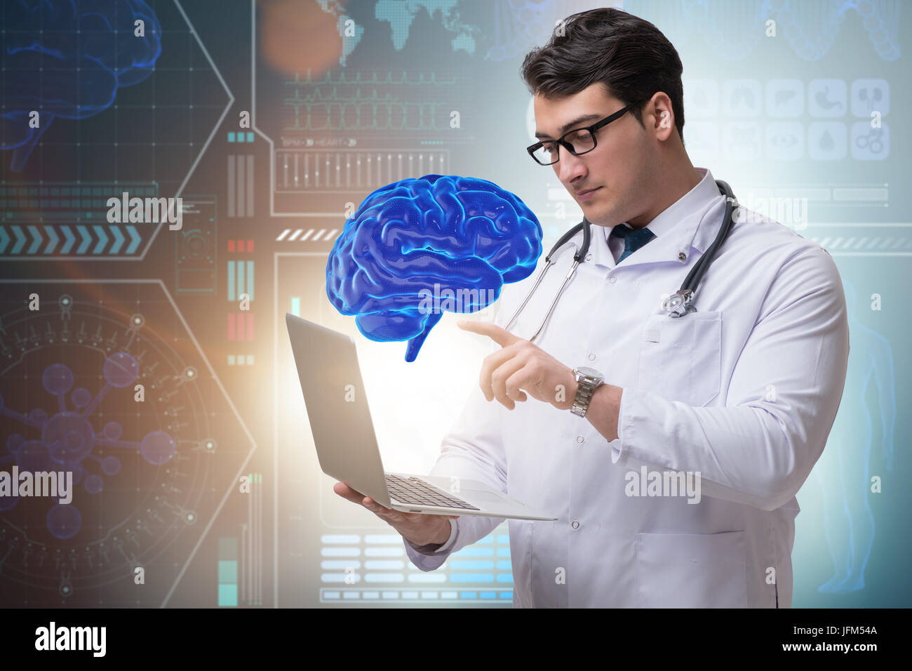 Male doctor with the brain in medical concept Stock Photo - Alamy